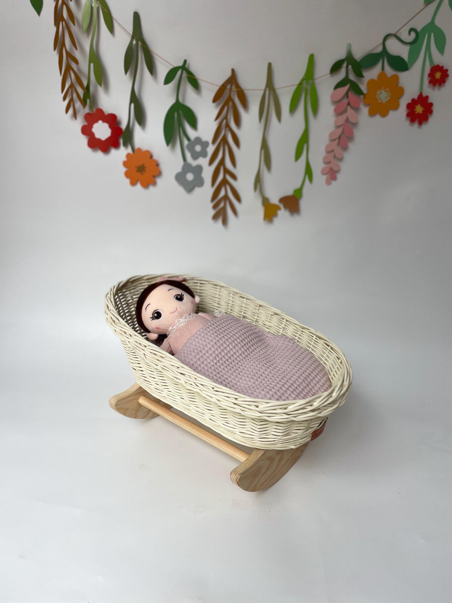 Luxury set of tall wicker doll pram with bow and crib, matching beddin ...